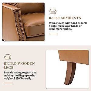 HULALA HOME Faux Leather Accent Chair Set of 2 with Nailhead Trim, Button Tufted Comfy Upholstered Armchair with Removable Cushion, Traditional Single Sofa Chair for Living Room Bedroom Office, Camel