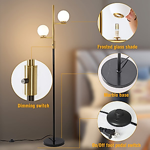 Asmymhd Dimming Floor Lamp with 2 Sphere Frosted Glass Globes,Mid Century Gold and Black Standing Lamp for Living Room, Bedroom, Office. (Black+Gold)