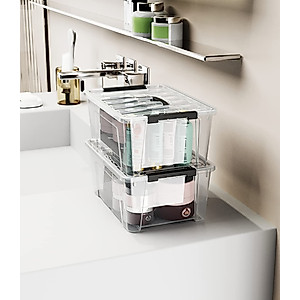 WYT 12 Pack Small 5-Quart Clear Plastic Storage Bins with Lids and Latch Buckles, Storage Organizer Container with Handle