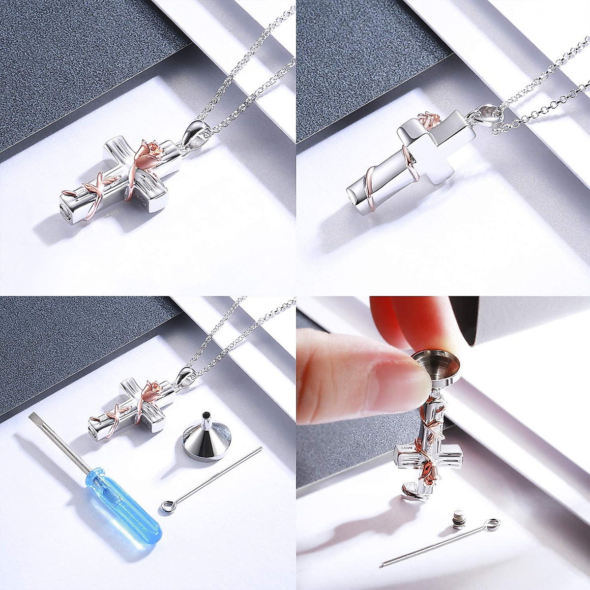 MANBU Sterling Silver Cremation Jewelry for Ashes - Urn Necklace Memorial Ash Pendant Bereavement Keepsake Gifts for Loss of a Loved One (cross urn necklace)