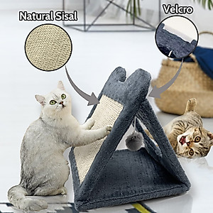 Fhiny Triangle Cat Scratching Post, Natural Sisal Cat Standing Scratch Board with Hanging Plush Ball Toy Pet Cave Nest Indoor Cats Pads Activity Center for Keeping Away from Furniture