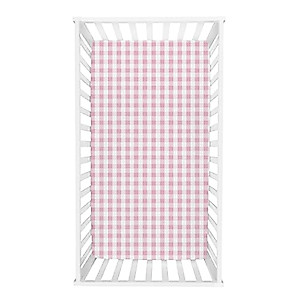 Pink and White Buffalo Check Deluxe Flannel Fitted Crib Sheet-Buffalo Check Print, Cotton Flannel, Pink, White, Fully Elasticized, 10 in Deep Pockets, Fits Standard Crib Mattress 28 in x 52 in