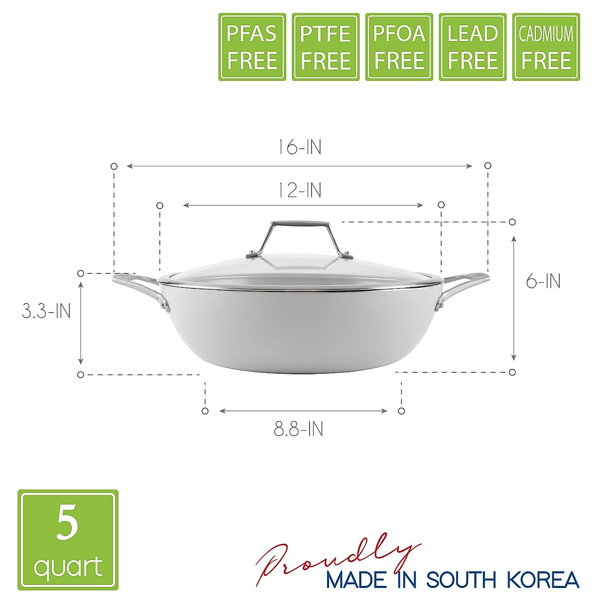 TECHEF - CeraTerra, 5 Qt / 12-in Ceramic Nonstick All Purpose Chef Pan with Cover, (PTFE and PFOA Free Ceramic Exterior & Interior), Oven & Dishwasher Safe, Made in Korea, Grey/Silver (5 Qt Chef Pan)
