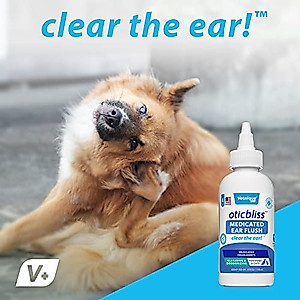 Vetnique Labs Oticbliss Ear Cleaner Wipes/Flushes for Dogs & Cats with Odor Control and Itch Relief Reduces Head Shaking - Clear The Ear (Ear Cleaning Flush, Medicated 4oz)