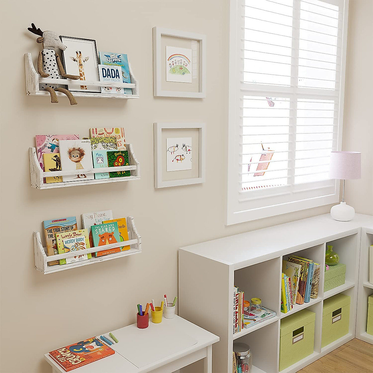 brightmaison Angel 20" Floating Shelves for Wall Decor, Nursery Book Shelves, Toy Storage Shelf & Kids Bookshelf for Wall, Wood Wall Shelves for Home Decor Set of 3 Rustic White