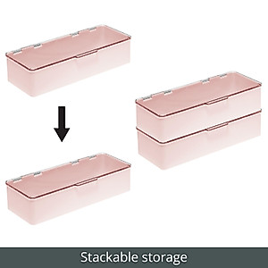 mDesign Long Plastic Cosmetic Storage Organizer Box Containers with Hinged Lid for Bedroom, Bathroom Vanity Shelf or Cabinet, Holds Masks, Palettes, Lotion, or Nail Polish, 2 Pack - Light Pink/Clear