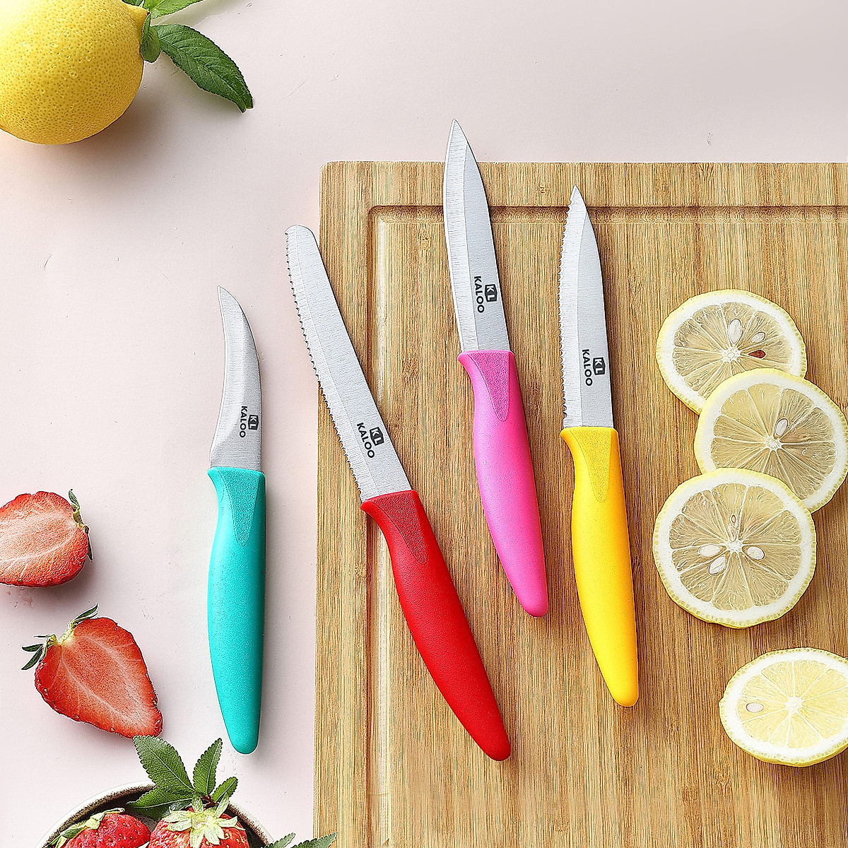 KL KALOO Paring Knife, Set of 4 Paring Knives Set With 2-Piece 4-inch Straight & Serrated Paring Knives, 3.5-inch Peeling Knife & 4.5-inch Utility Paring Knife (Green, Red, Pink and Yellow)