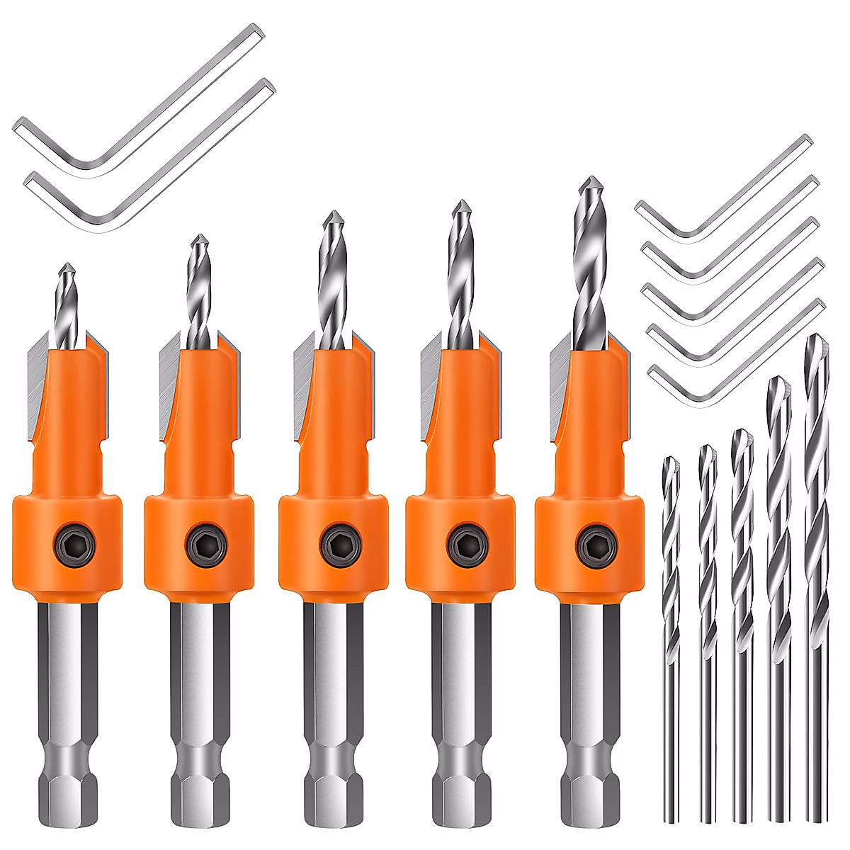 Lytool Countersink Drill Bit Set,5Pcs Counter Sink Drill Bit for Wood,1/4" Hex Shank Tapered Drill Bits for Woodworking and Carpentry,Quick Change and Allen Wrench for Woodworking,Pilot Screw Hole Set