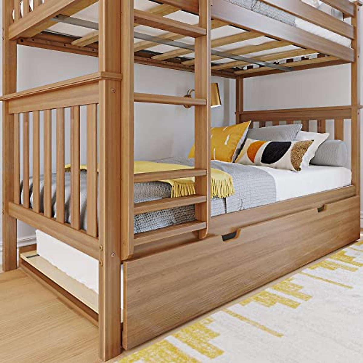 Max & Lily Bunk Bed, Twin-Over-Twin Bed Frame for Kids with Trundle, Pecan