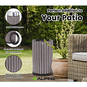 Alpine 32 Gallon Commercial Outdoor Trash Can - Heavy Duty Garbage Can Outdoor, Industrial Open Top Trash Can with Plastic Panels for Patio, Parks, Trails, Resorts (Flat Lid - Grey)
