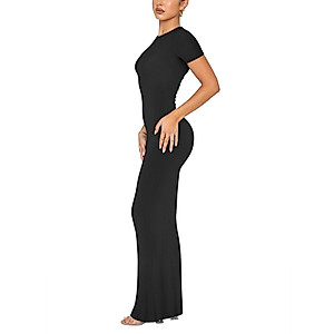 REORIA Women's Summer Sexy Casual Lounge Long Dress Elegant Wedding Guest Short Sleeve Crew Neck Bodycon Maxi Dresses Black X-Large