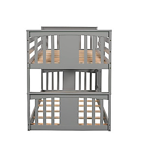 Twin Bunk Beds Low Bunk Bed Frame Wood Twin Over Twin Bunkbed for Kids Toddlers Boys Girls Bedroom, Gray