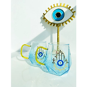 Evil Eye Design Hamsa Hand Latte Mug Espresso Mug Blue Gold Mug Glass Mug