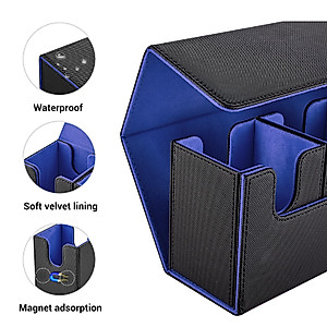 FOTEEMO Card Deck Box For MTG, 4 in 1 Commander Deck Box Deck Box With Dice Tray Trading Card Deck Storage Box Holding 300+ Sleeved Cards Yugioh Deck Box (Black and Blue)