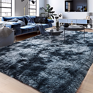 Fluffy Rug for Living Room,Furry Carpet for Teen,Shaggy Rug for Nursery Room, Tie-Dyed Blue Grey Fuzzy Plush Rug for Dorm, Rectangle Shag Rug 6x9 Feet