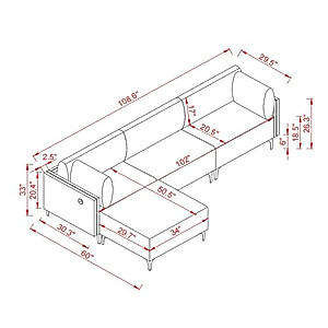 KEVINSPACE 108.6" Convertible Sectional Sofa Couch, L-Shaped Couch with USB Reversible Chaise, Modern Couches Sleeper Sectional Sofa for Living Room, Apartment and Small Space Grey