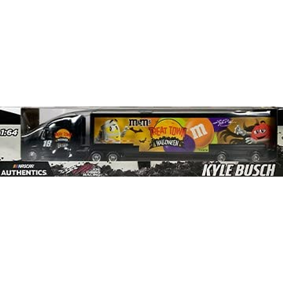 ACTION 2021 Kyle Busch #18 Two Sided Different Images Zombies On One Side Halloween Opposite Side Racing Hauler Tractor Trailer Semi Transporter Truck Rig 1/64 Scale Metal Cab, Plastic Trailer