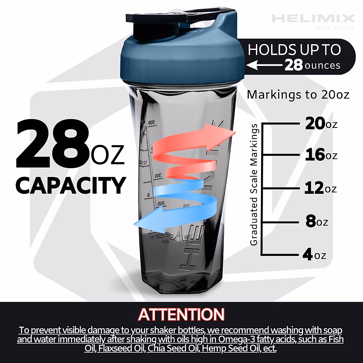 HELIMIX 2.0 Vortex Blender Shaker Bottle Upto 28oz | No Blending Ball or Whisk | USA Made | Portable Pre Workout Whey Protein Drink Shaker Cup | Mixes Cocktails Smoothies Shakes | Dishwasher Safe
