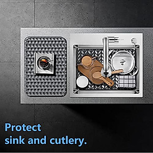 Silicone sink mat protectors for Kitchen 18.2''x 12.5''.JIUBAR Kitchen Sink Protector Grid for Farmhouse Stainless Steel accessory with Center Drain.(Grey)
