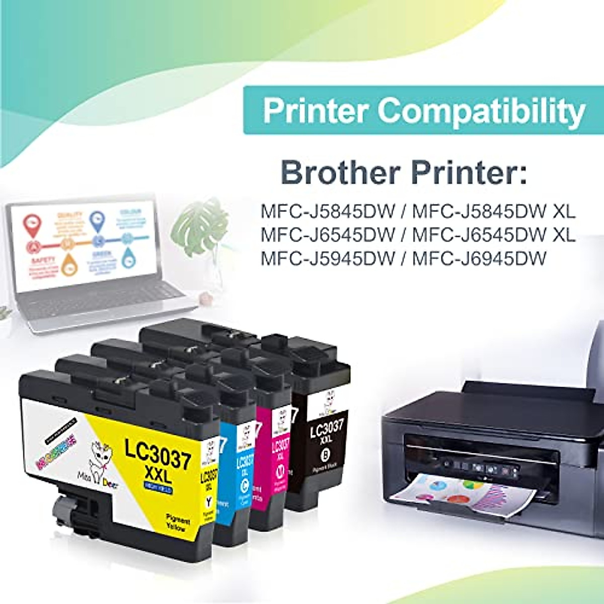 Miss Deer Compatible LC3037 Ink Cartridges High-Yield Replacement for Brother LC 3037 XXL LC-3037XXL LC3037BK for MFC-J6945DW MFC-J6545DW MFC-J5845DW MFC-J5945DW (Black Cyan Yellow Magenta, 4 Packs)
