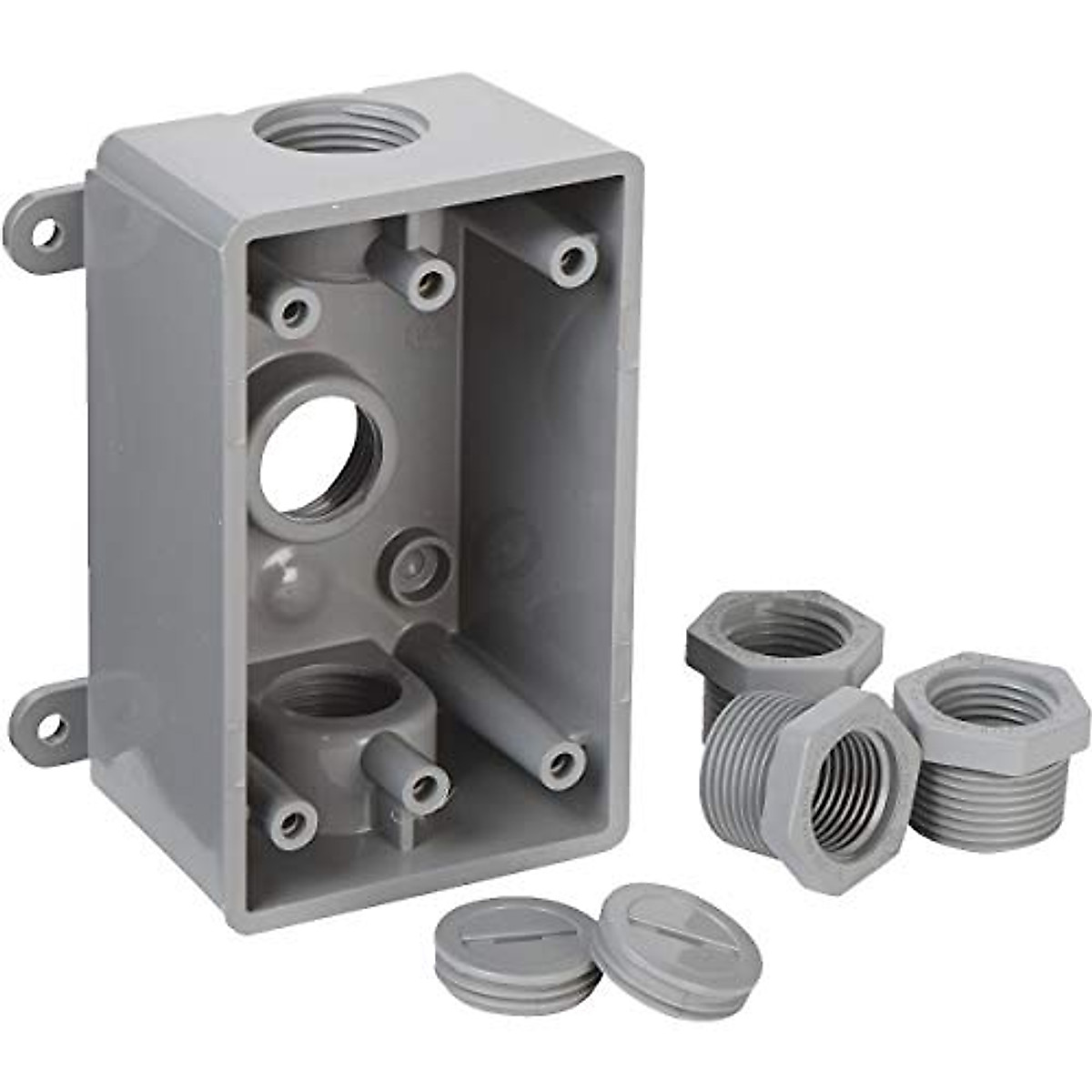 Leviton GFWT1-W Self, Resistant Receptacle, 15-Amp, White & Bell PSB37550GY Single-Gang Weatherproof Three 1/2 in. or 3/4 in, Gray