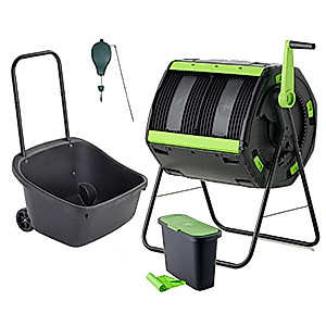 Amazon Exclusive Combo - 48 Gallon Compost Tumbler with Compost Cart, 9 Liter Compost bin, 3 Rolls of Corn Bags and Plant Caddy