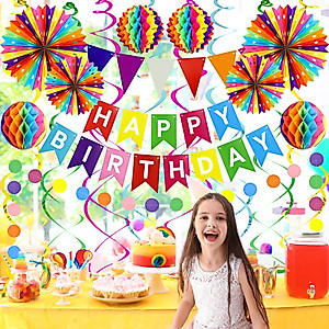 PatiCool Happy Birthday Party Decorations Pack with Rainbow Happy Birthday Banner, Honeycomb Balls, Circle Dot Garland, Paper Bunting Banner, Paper Fans and Hanging Swirls Streamers