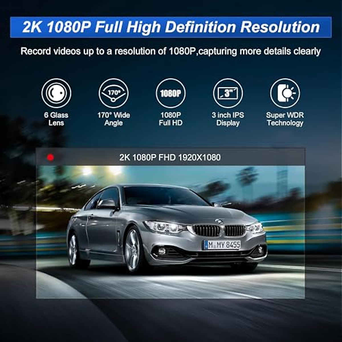 Dash Cam Front and Rear, 2K+720P Dual Dash Camera for Cars with 3'' IPS Screen, Car Camera with Night Vision, Built-in WiFi, Metal Body, G-Sensor, 24H Parking Monitor, Loop Recording, Free 64GB Card