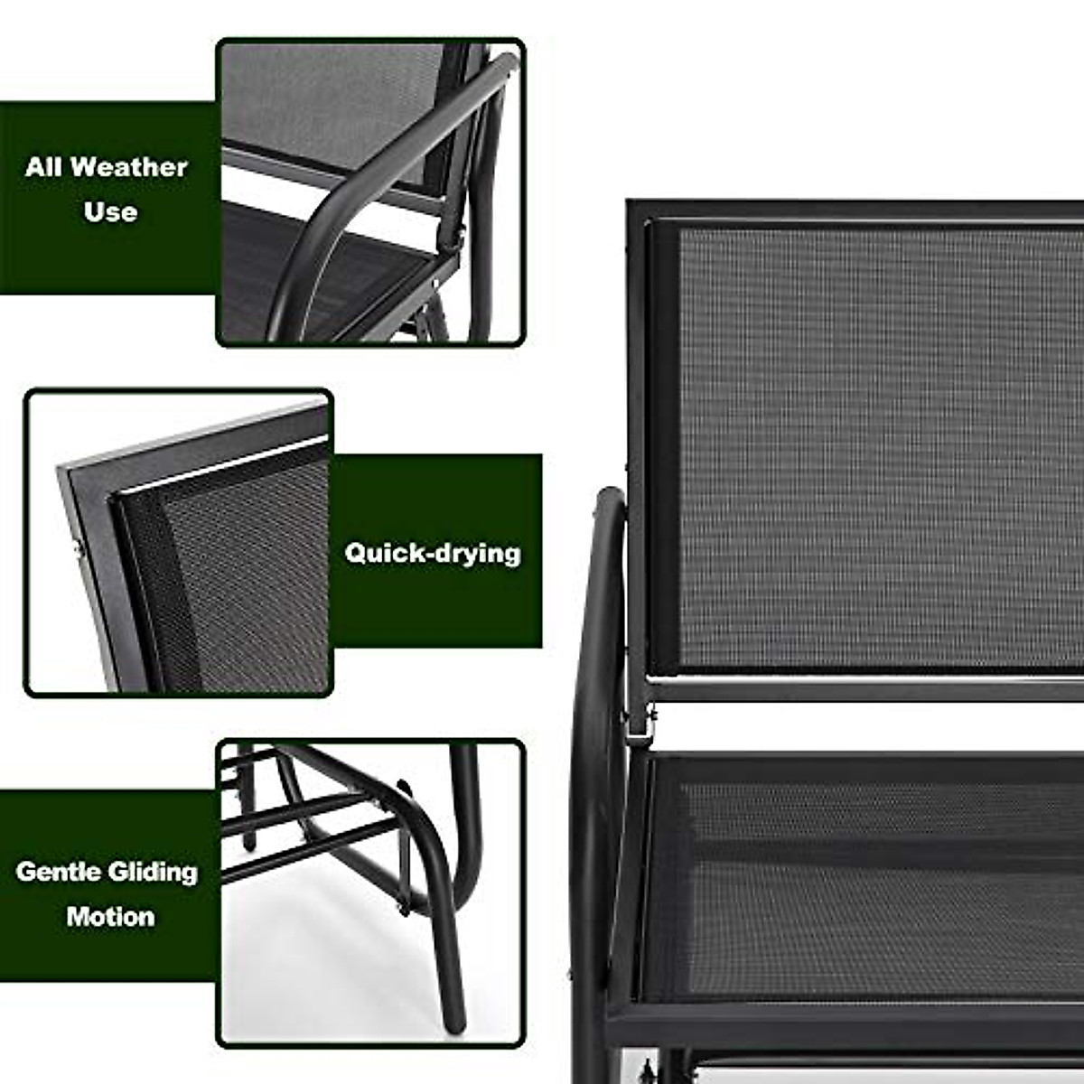 Nuu Garden 2 Seats Outdoor Glider Bench Patio Glider Swing Chair with Powder Coated Steel Frame and Breathable Seat Fabric Outdoor Loveseat, Black