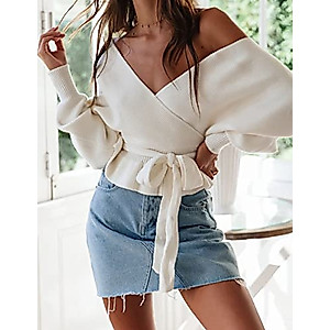 ZESICA Women's 2023 Fall Wrap V Neck Long Batwing Sleeve Belted Waist Ruffle Knitted Sweater Pullover Top,Apricot,Medium