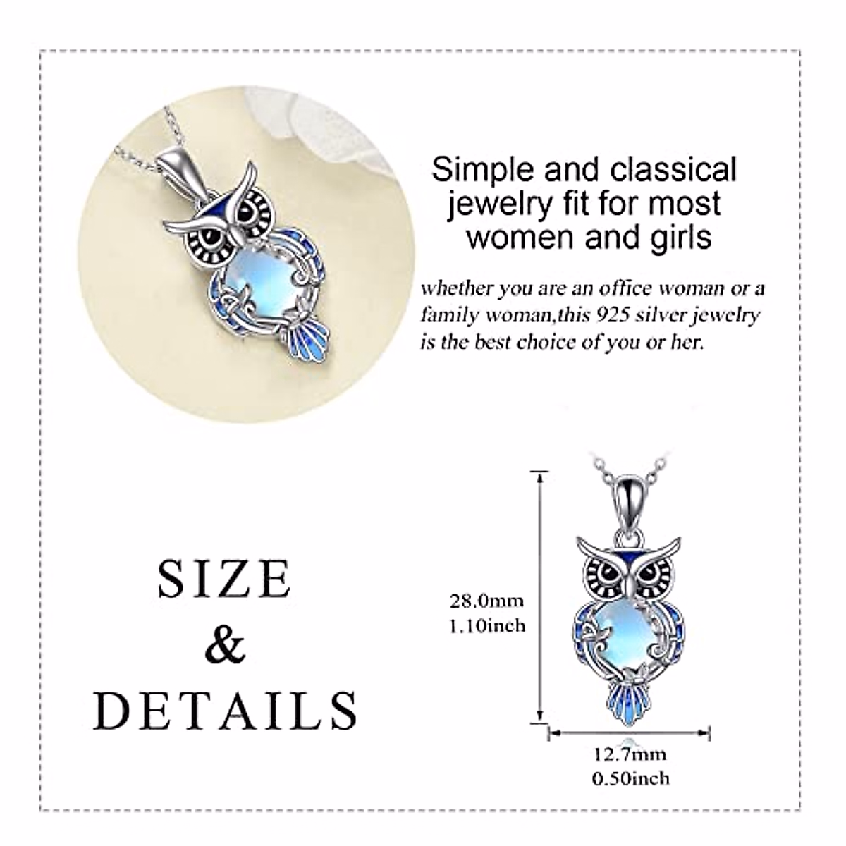 LUHE Owl Jewelry Necklace Gifts for Women Sterling Silver Moonstone Filigree Owl Pendant Necklace Christmas Gifts Jewelry for Women