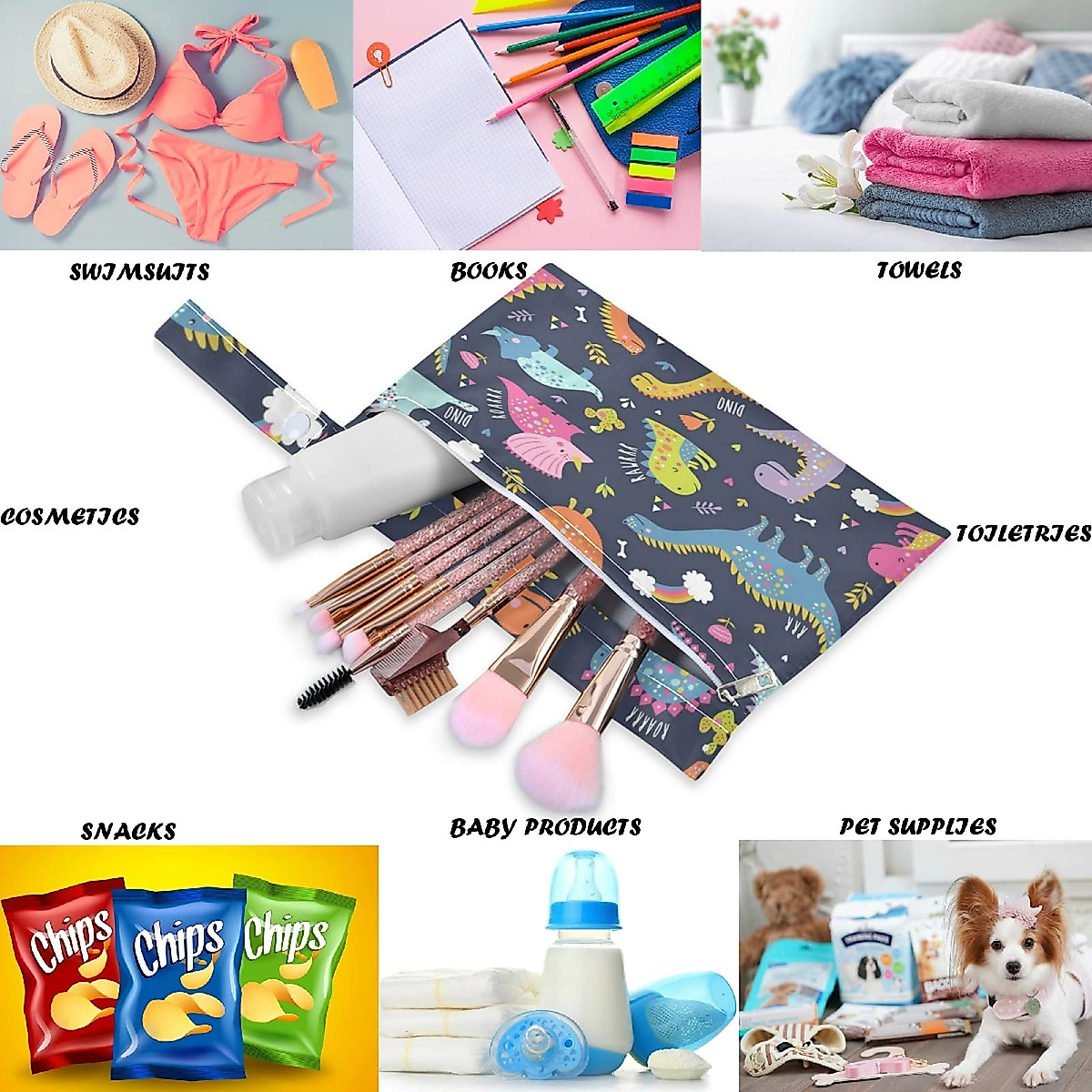 visesunny Cute Dinosaur Rainbow Tropical Pattern 2Pcs Wet Bag with Zippered Pockets Washable Reusable Roomy for Travel,Beach,Pool,Daycare,Stroller,Diapers,Dirty Gym Clothes, Wet Swimsuits, Toiletries