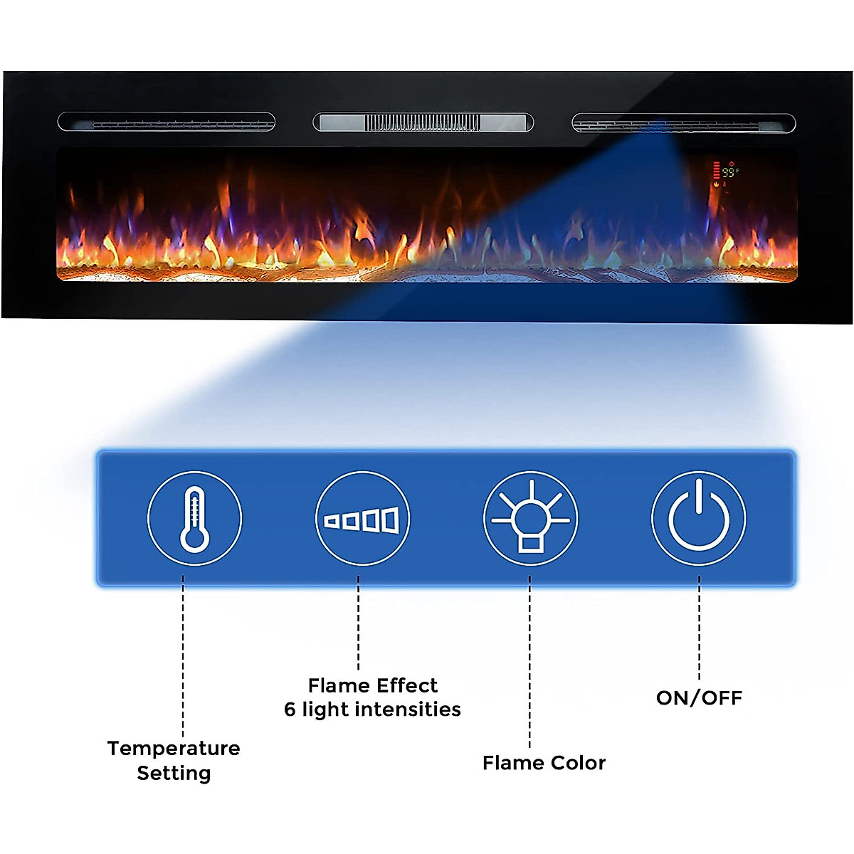 GOOD & GRACIOUS Electric Fireplace,1500W Recessed & Wall Mounted Electrical Fireplace with Bracket, Ultra Thin, Low Noise, Remote Control, Timer, Logset & Crystal, Adjustable Flame Color, Black, 60"