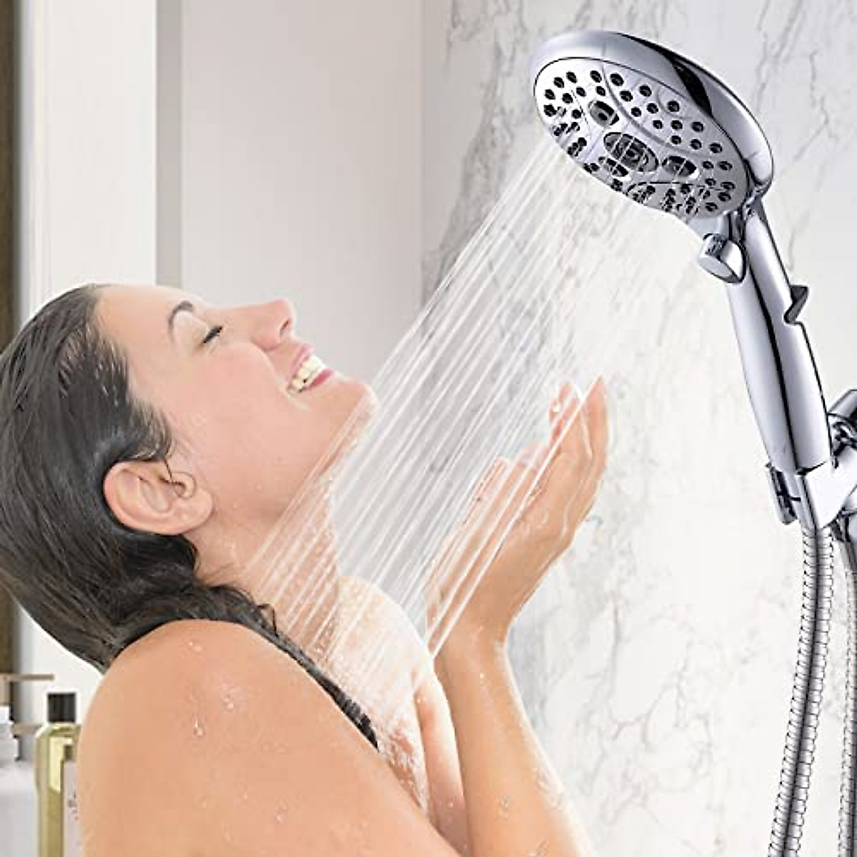 VXV Bathroom Handheld Shower Head with on off Switch, 6 Spray Setting Removable Hand Held Showerheads with 6 FT Stainless steel Hose and Adjustable Angle Bracket(Chrome)
