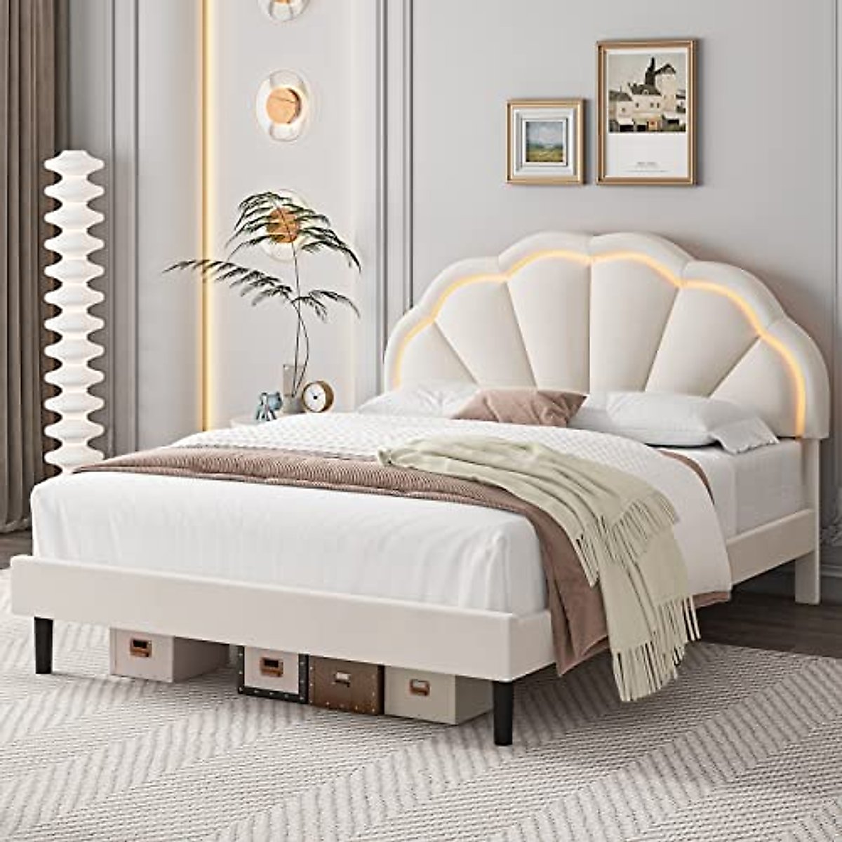 HIFIT Full Upholstered Smart LED Bed Frame with Adjustable Elegant Flowers Headboard, Platform Bed Frame Full Size with Wooden Slats Support, No Box Spring Needed, Easy Assembly, Beige