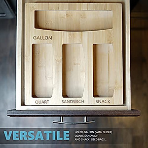 Ziploc Storage Bag Organizer, Bamboo Organizer, Food Storage Bag Organizer, Baggie Organizer Dispenser for Drawer, Kitchen Drawer Organizer. Compatible with Gallon, Quart, Snack and Sandwich Bags