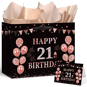 Black Rose Gold 21st Birthday Gift Bag with Happy 21st Birthday Greeting Card and Tissue Paper for Girls Rose Gold 21st Birthday Gift Wrap Bag for 21st Birthday Christmas Party Decorations Supplies