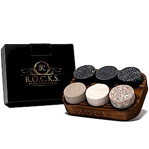 Whiskey Chilling Stones - Set of 6 Handcrafted Premium Granite Round Sipping Rocks - Hardwood Presentation & Storage Tray by R.O.C.K.S.