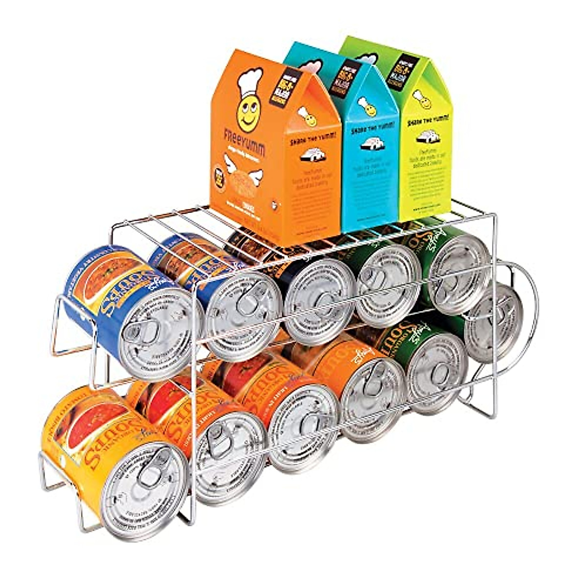 mDesign 2-Tier Metal Wire Standing Pop/Soda and Food Can Dispenser Storage Rack Organizer with Top Shelf for Kitchen Pantry, Countertop, Cabinet - Holds 12 Cans - 2 Pack - Chrome