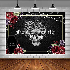 Sendy SENDY 7x5ft Funeral for My Youth Backdrop RIP to My 20s Birthday Photography Background Burgundy Red Flower Skull Tombstone Party Decoration Banner Photo Booth Props