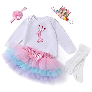 HOSUKKO Baby Girl Half/First / 2nd Birthday Outfits, Long Sleeve Onesie & Tulle Tutu Skirt & Cable Knit Tights & Crown & Headband, Toddler Girls' Skirt Clothes Sets for Pictures (5 pcs),Multi,12-18M