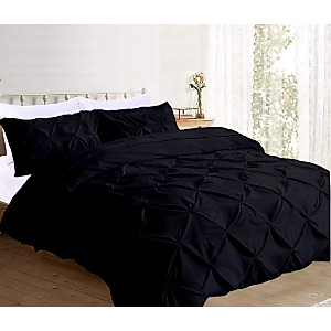 Astroo Linen Designer Pinch Pleated 5 Piece Duvet Cover Set with Zipper and Corner Ties 100% Pure Cotton 800 Thread Count Comforter/Quilt Cover (King/California King Size, Black)