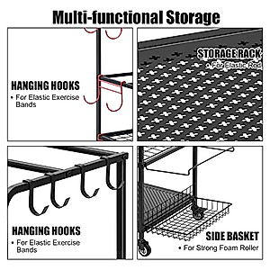 Home Gym Storage Rack, Yoga Mat Storage Racks, All in One Workout Equipment Storage Organizer for Yoga Ball Dumbbell Kettlebells Foam Roller Resistance Bands, Exercise Shelf with Hooks and Wheels