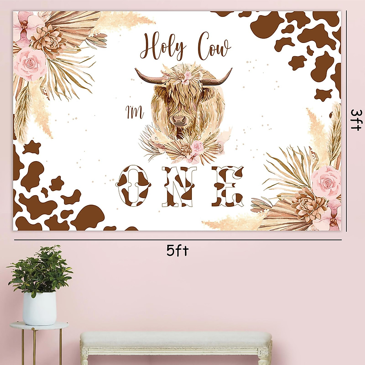 Highland Cow 1st Birthday Decorations Girl - Holy Cow Im One Backdrop, Highland Cattle High Chair Banner, Cake Topper, Foil Balloons for Pink Boho Floral Highland Cow Farm Animal Party Supplies