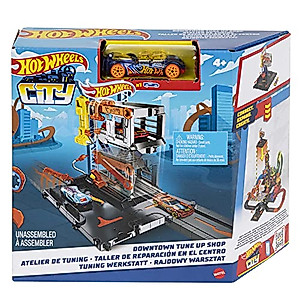 Hot Wheels City Toy Car Track Set Downtown Repair Station Playset with 1:64 Scale Vehicle, Working Lift & Launcher