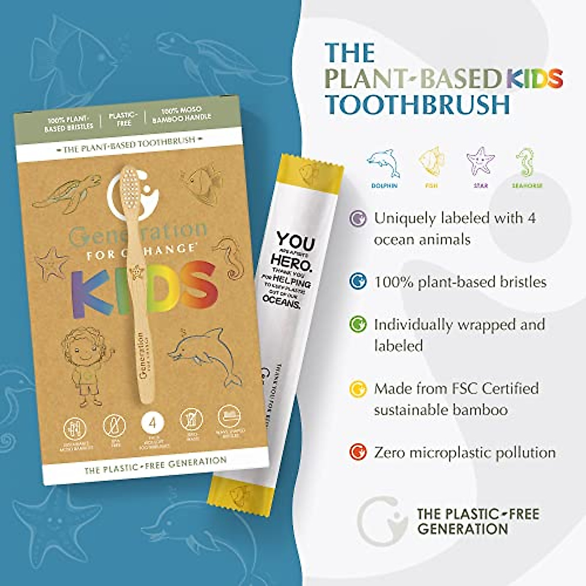 Generation For Change The Plant Based Kids Toothbrush 4 Pack Soft Sustainable Bamboo Toothbrushes | Biodegradable Plastic Free Bristles Made from Castor Oil | Eco Friendly | Zero Waste Products