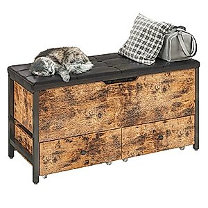 LIKIMIO Storage Ottoman Bench, Wooden Toy Box with Flip Top Storage Chest and Drawers for Bedroom/Living Room/Entryway, Supports 320 lb, Vintage Brown and Black