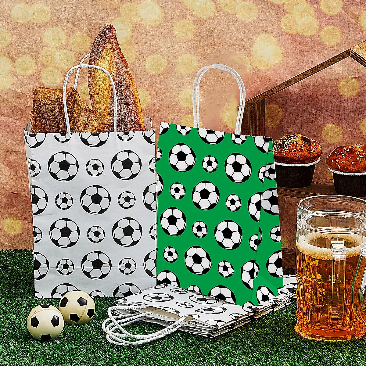 24 Pieces Soccer Party Favor Bags Soccer Goody Treat Candy Bags Soccer Goodie Bags Soccer Snack Bags Paper Soccer Gift Bags with Handles for Kids Soccer Birthday Party Supplies Decorations, 2 Styles