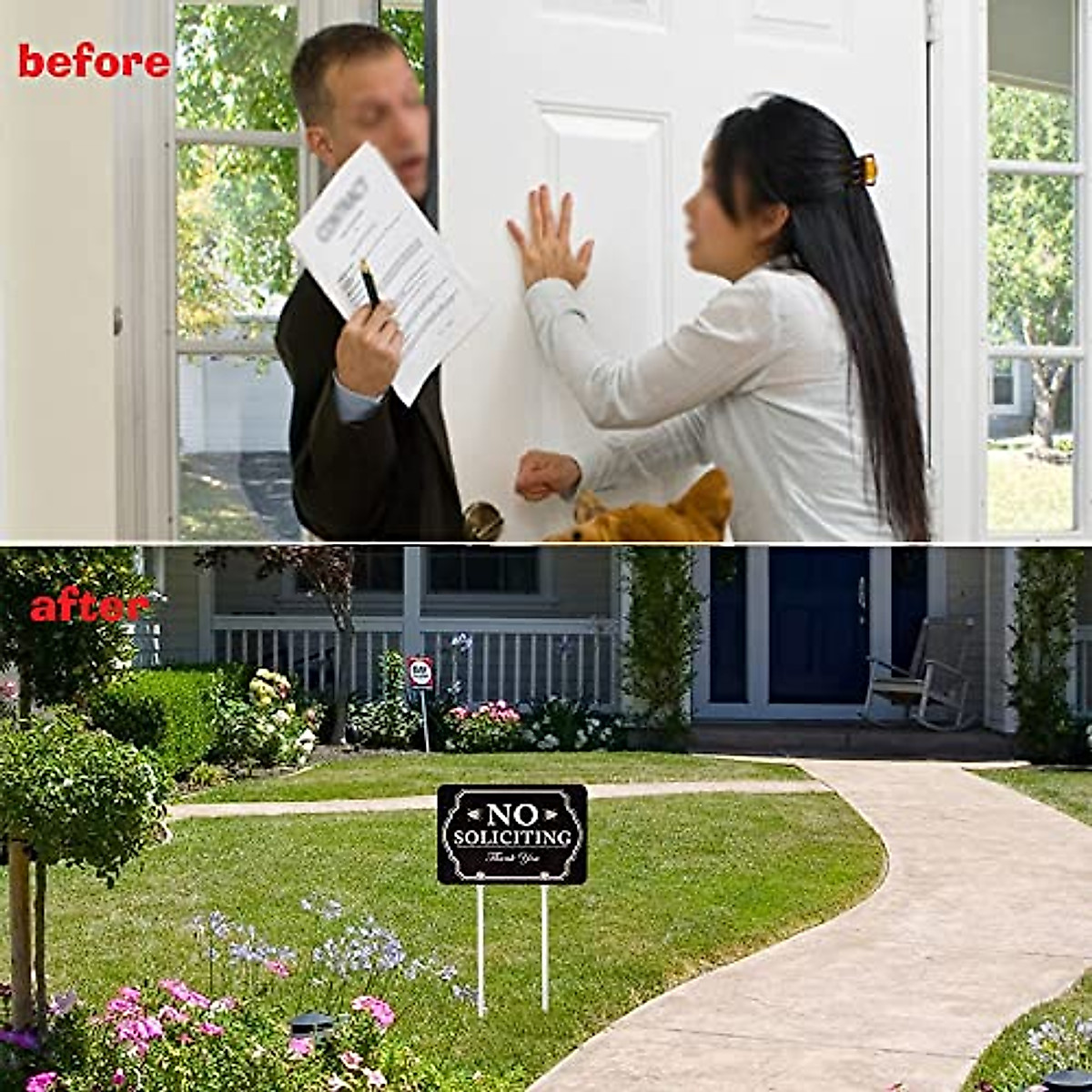 Kichwit No Soliciting Sign for House, No Soliciting Yard Sign, 12" x 8", 14" Long Metal Stakes Included