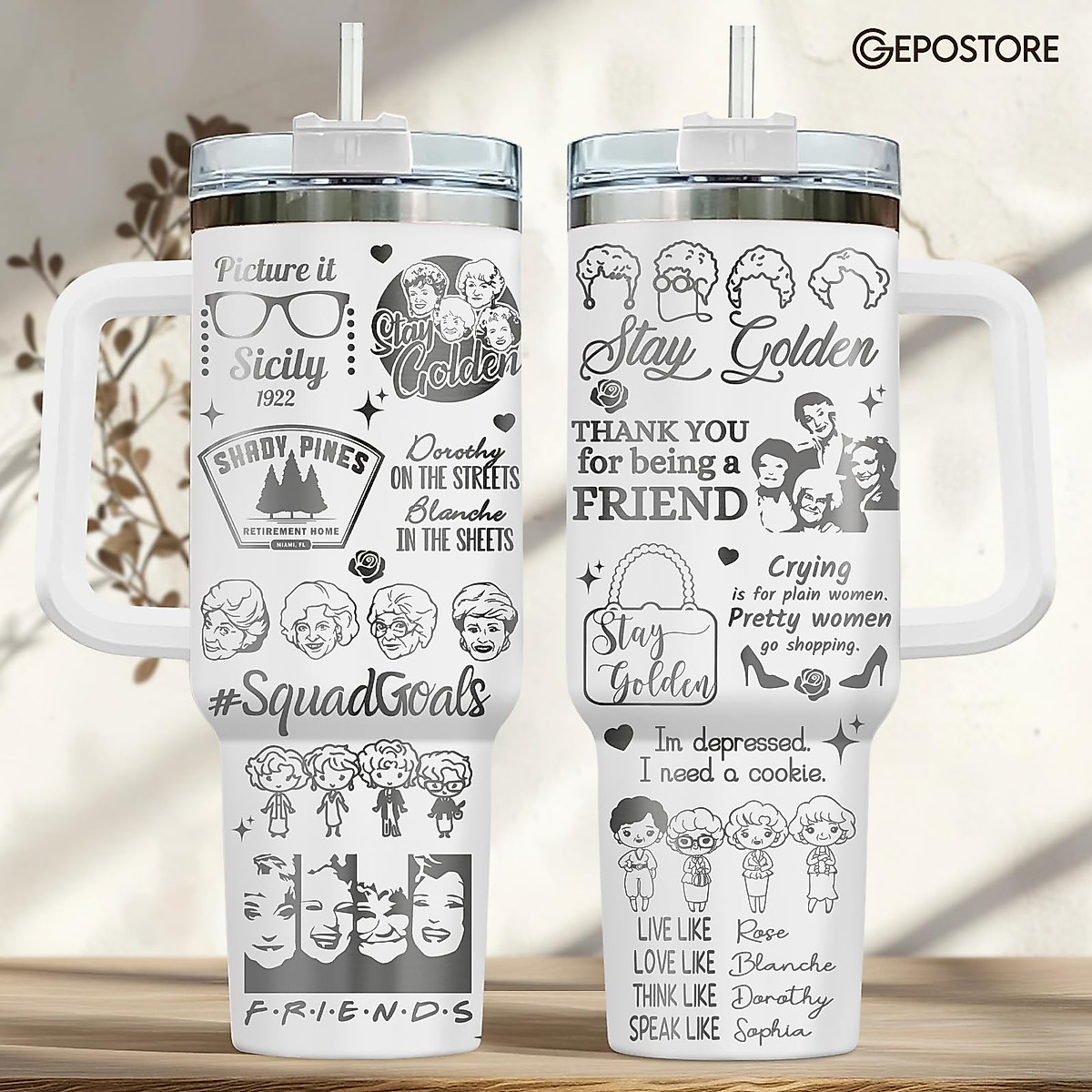 GEPOSTORE Movie Lover Gifts, Stay Golden Movie 40 oz Laser Tumbler Handle and Straw, Friends Movie Characters Tumblers Cup, Halloween Mug, Birthday Gifts for Best Friends